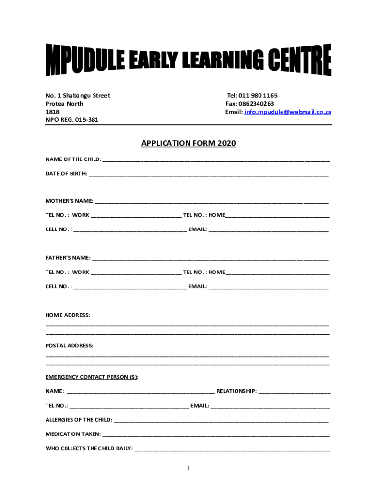 Fillable Online APPLICATION FORM 2020 - Mpudule Early Learning Fax Email Print - pdfFiller
