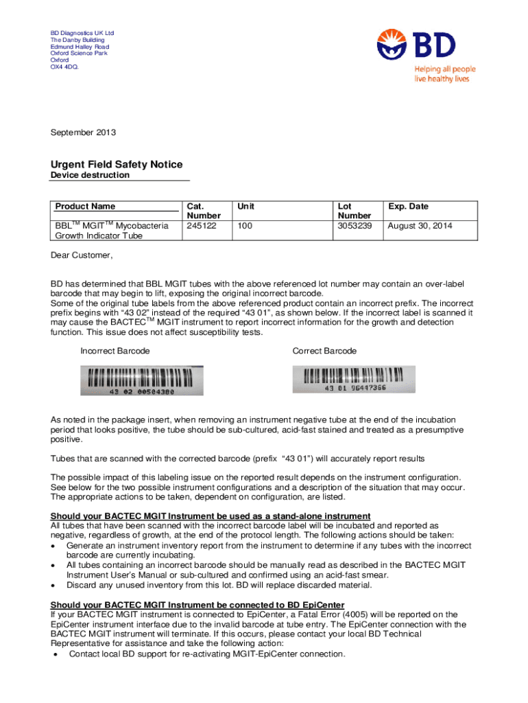 Fillable Online Field Safety Notice Becton Dickinson BD BACTEC Plus ...