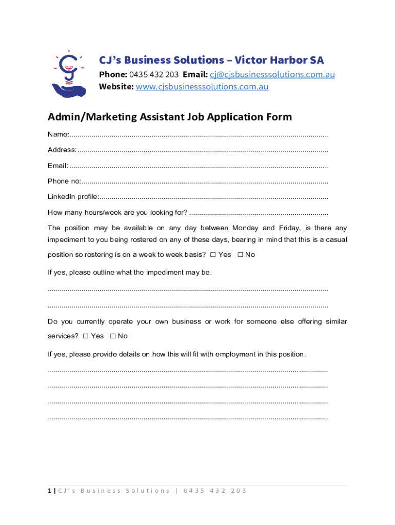 Fillable Online Admin/Marketing Assistant Job Application Form Fax ...