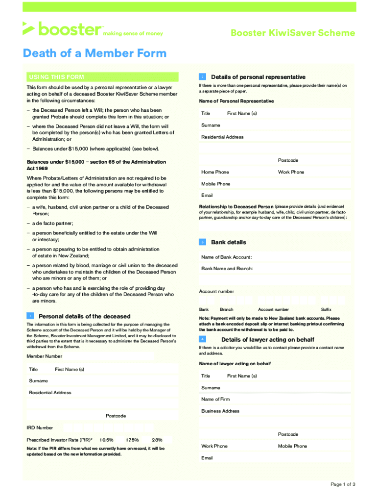 Fillable Online Booster KiwiSaver SchemeDue to Death of a Member Form ...