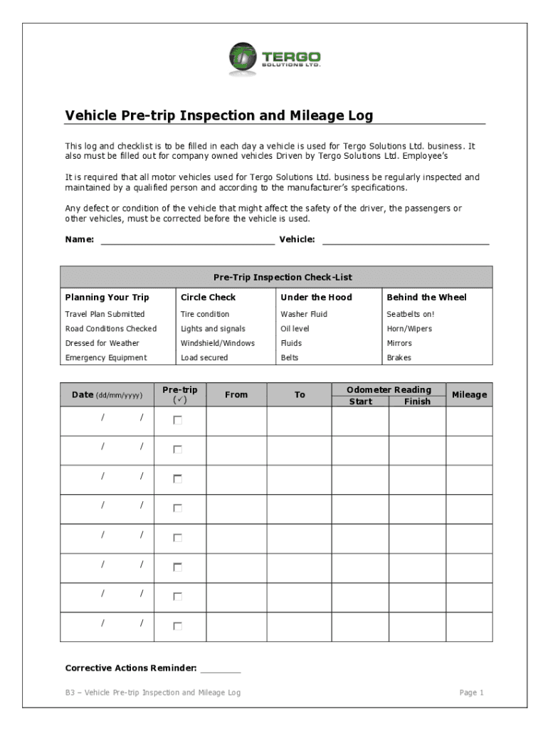 Fillable Online Vehicle Pre-trip Inspection and Mileage Log - Tergo ...