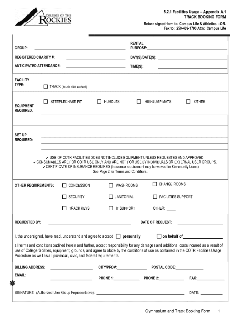 Fillable Online 5.2.1 Facilities Usage Appendix A.1 TRACK BOOKING ... Fax Email Print - pdfFiller