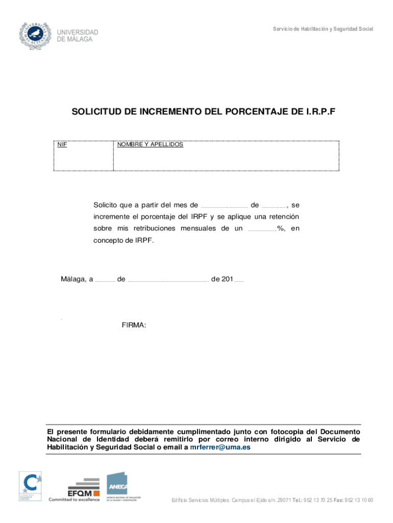 Completable En línea solicitud de incremento del porcentaje de irpf Fax ...