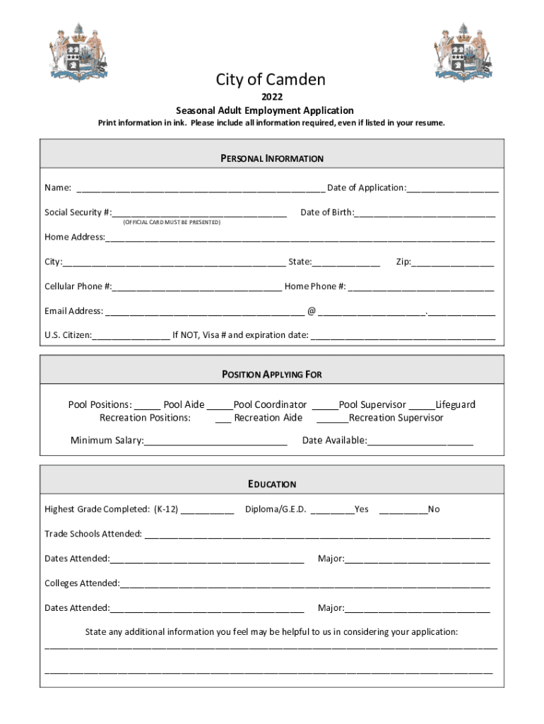 Fillable Online Employment Application for Employment - The City of ...