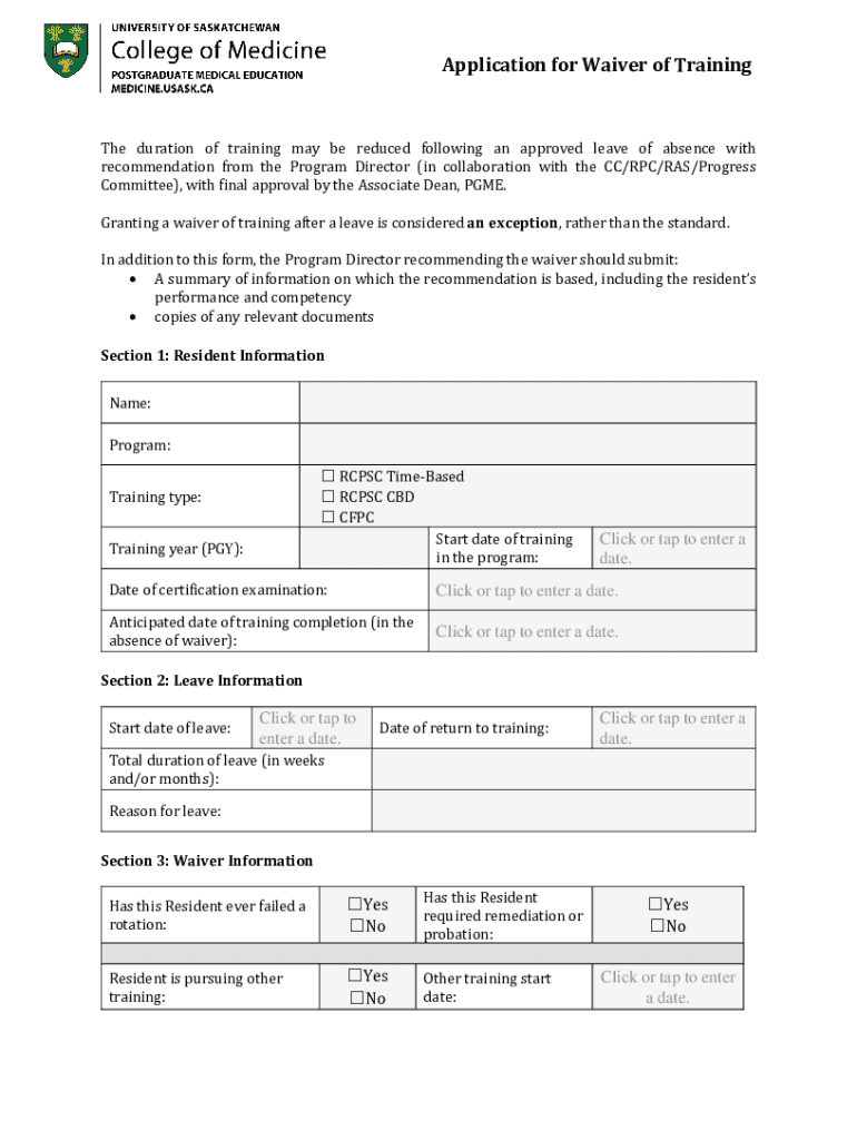 Fillable Online medicine usask Waiver of Training Application Form Fax Email Print - pdfFiller