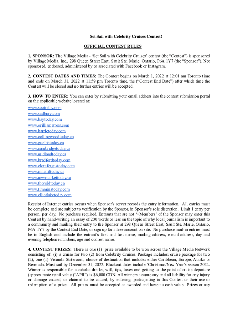 Fillable Online Set Sail with Celebrity Cruises Contest! - Village ...