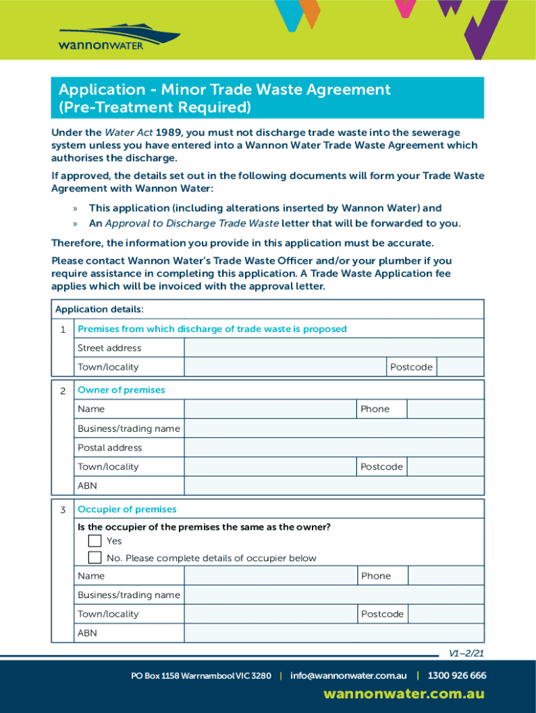 Fillable Online Minor Trade Waste Agreement (Pre-Treatment Required) Fax Email Print - pdfFiller