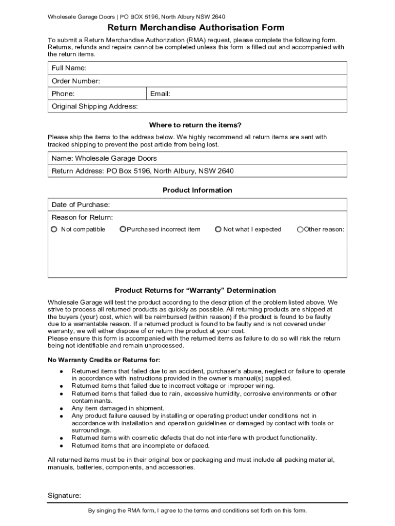 Fillable Online Return Merchandise Authorisation Form Fax Email Print ...