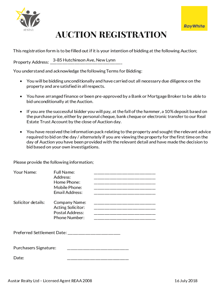 Fillable Online Auction Registration - Best Real Estate Agents in ...