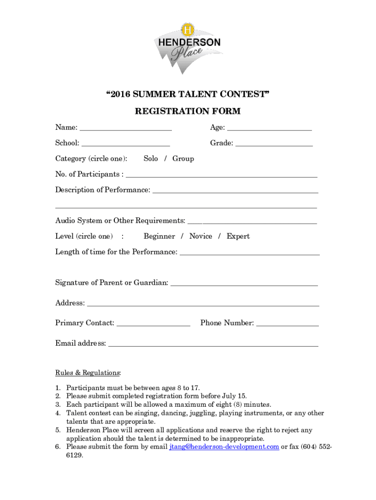 Fillable Online caulfield bc Kennedy Middle School 2012 Talent Show Registration form Fax Email ...
