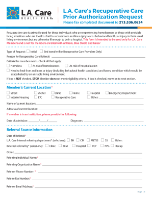 Fillable Online L.A. Care's Recuperative Care Prior Authorization ...