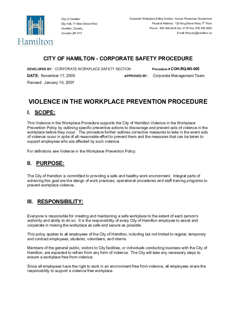 Fillable Online violence in the workplace prevention procedure Fax ...