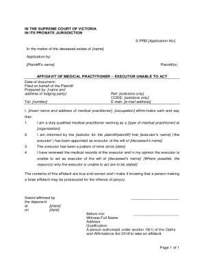 Fillable Online Affidavit of medical practitioner - executor unable to ...