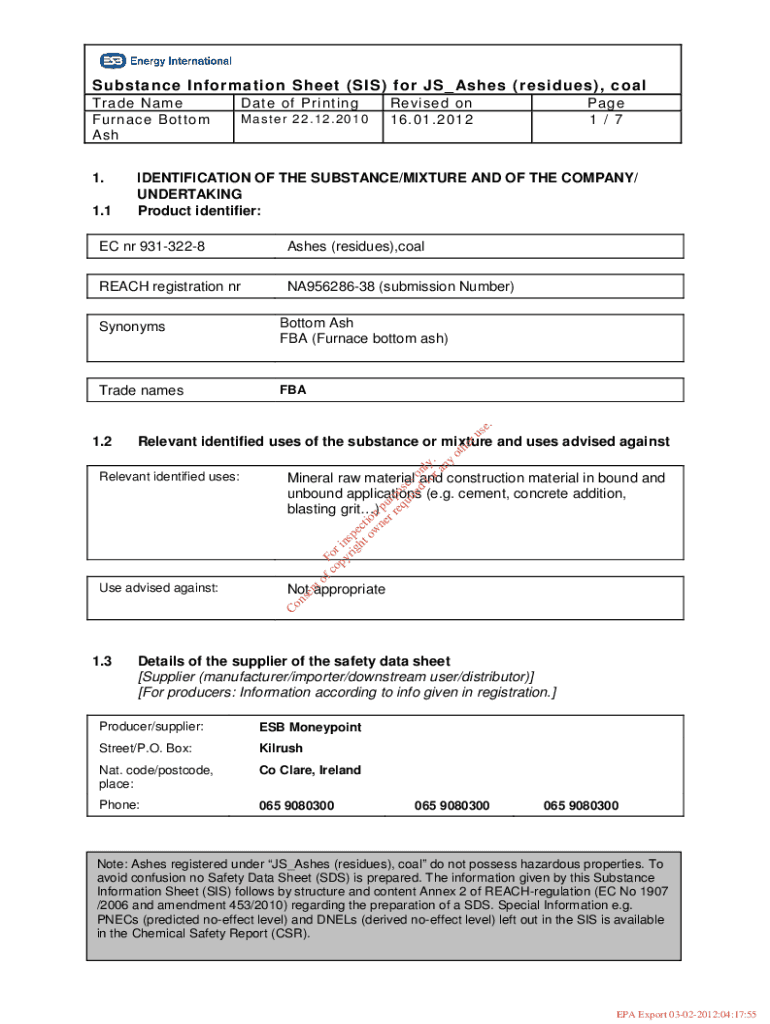 Fillable Online Substance Information Sheet (SIS) for JSAshes (residues) ... Fax Email Print ...