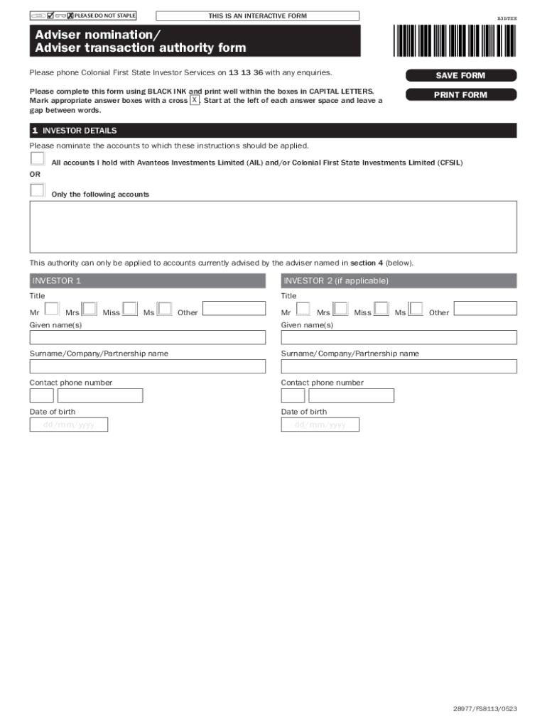 Fillable Online Adviser nomination/ Adviser transaction authority form ...