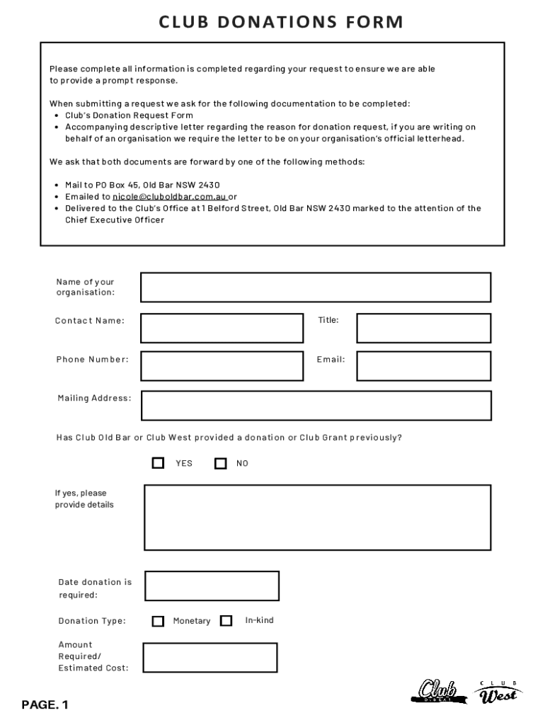 Fillable Online Club Donations Form - Club Old Bar Fax Email Print - pdfFiller