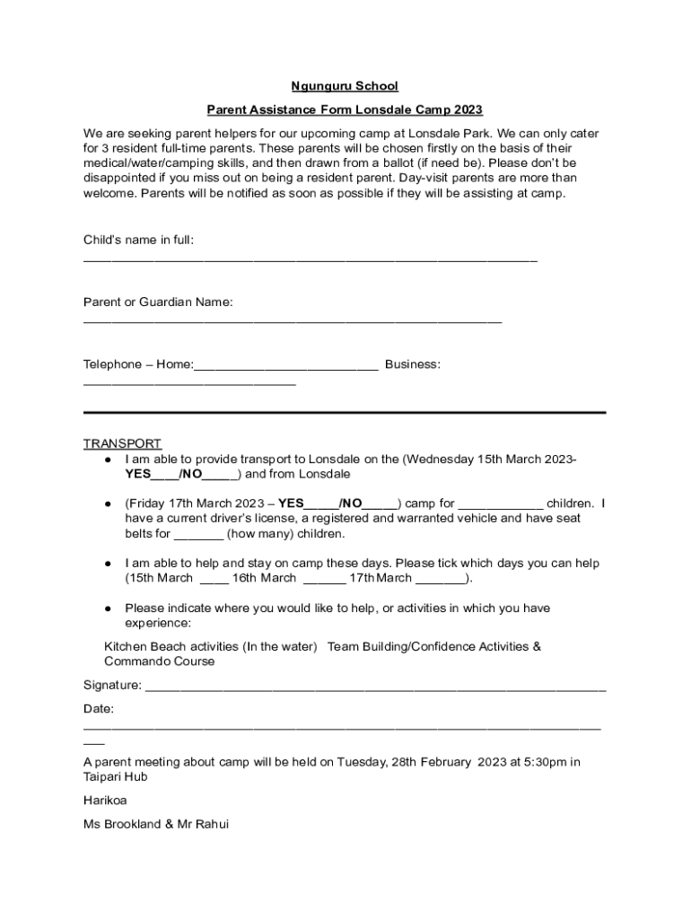 Fillable Online Ngunguru School Parent Assistance Form Lonsdale Camp ...