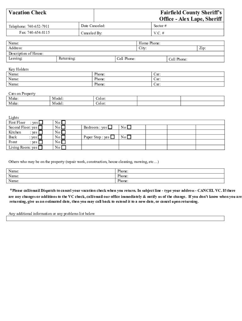 Fillable Online sheriff fairfield oh Fairfield County Sheriff's Office Vacation Check Request ...
