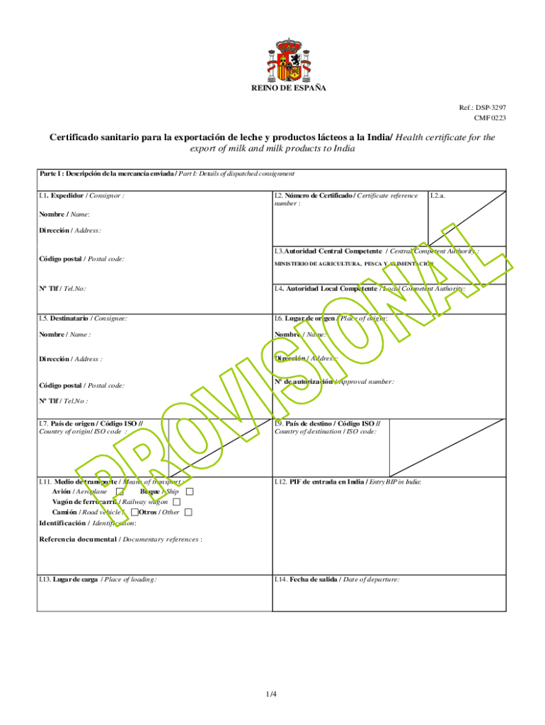 Completable En línea Health certificate for the export of milk a Fax ...