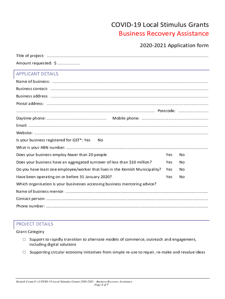 Fillable Online COVID-19 Local Stimulus Grants Business Recovery ...