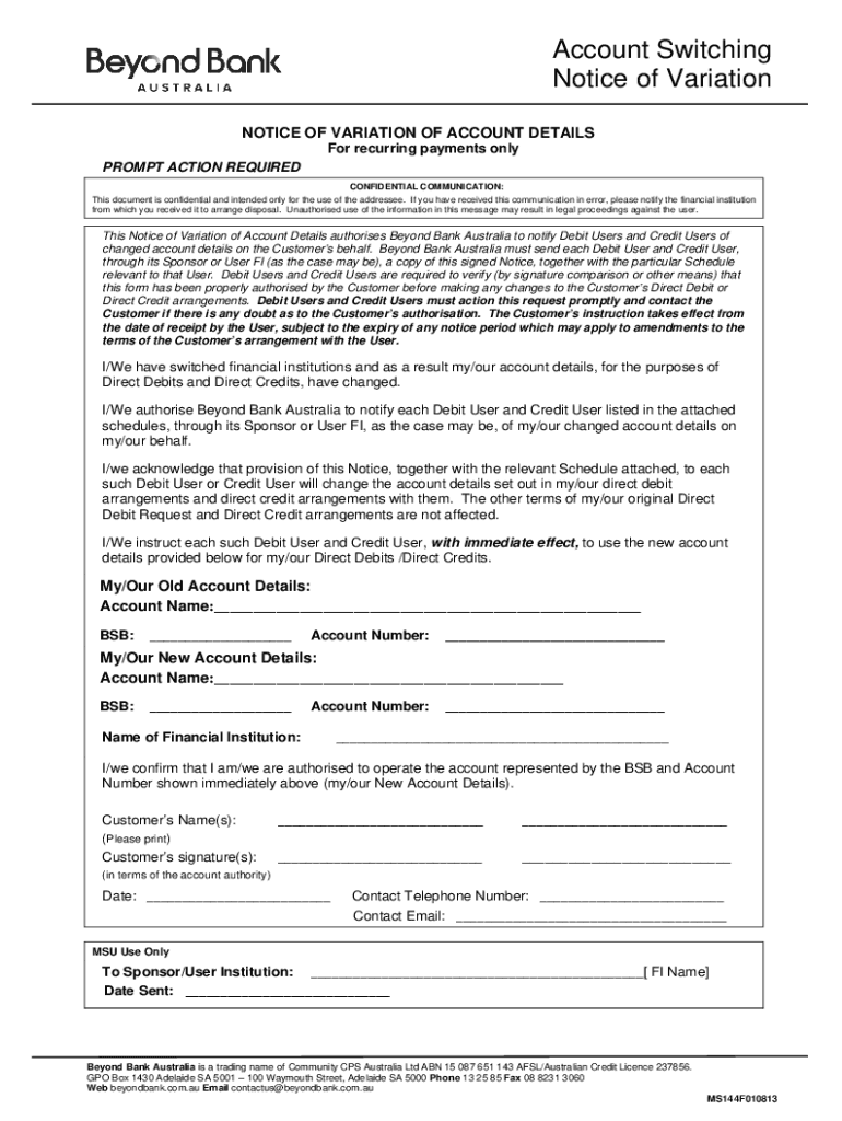 Fillable Online Notice of Variation of Account Details - Authority to ...
