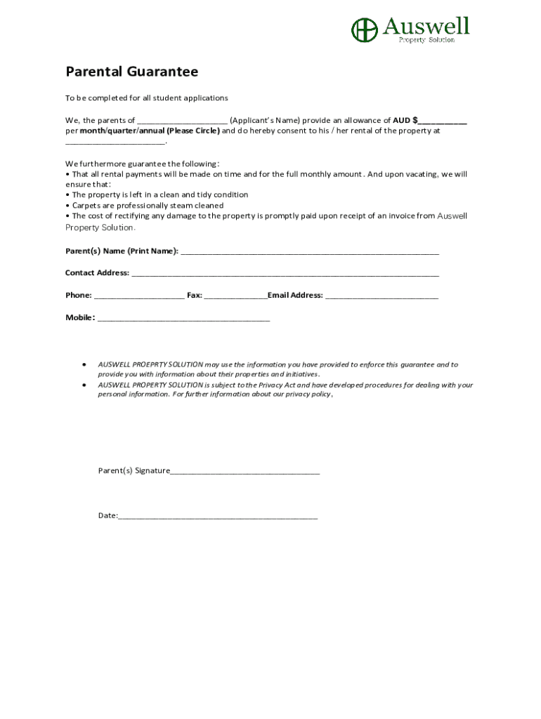 Fillable Online Parental Guarantee Form - Fill Online, Printable ...