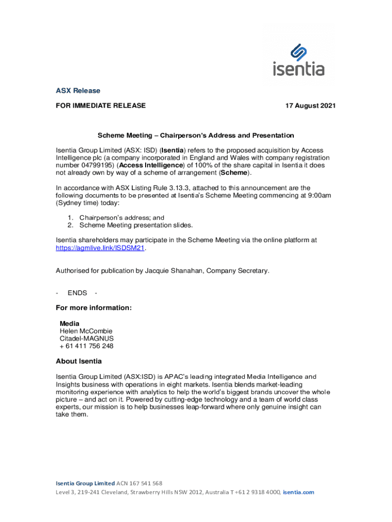 Fillable Online Isentia Group to be acquired by AIM-listed Access ...