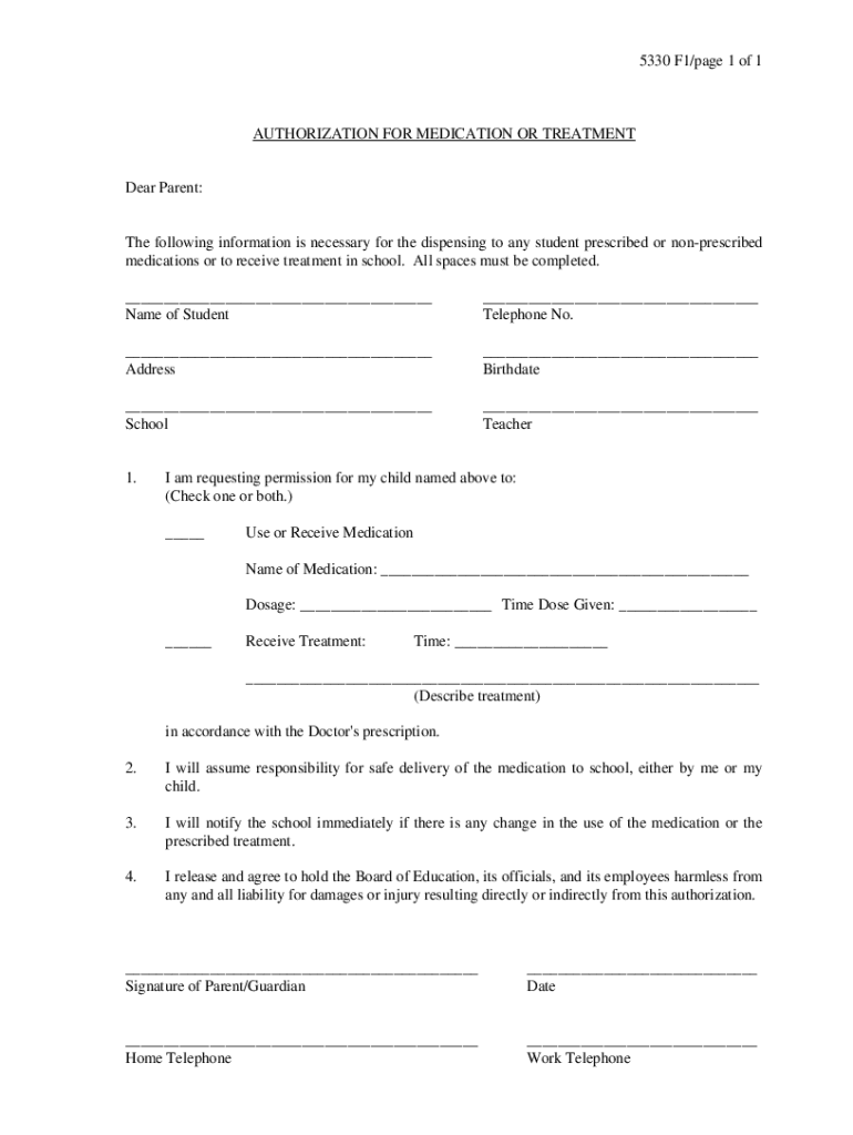 Fillable Online 5330 F1/page 1 of 1 AUTHORIZATION FOR MEDICATION ...