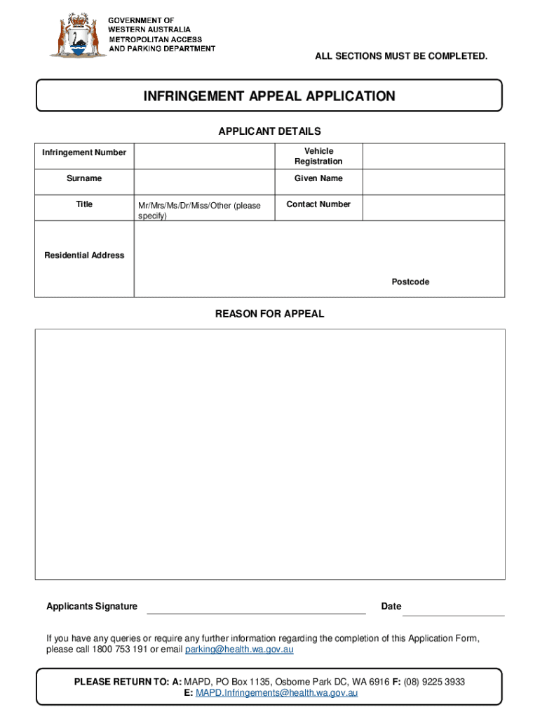 Fillable Online INFRINGEMENT APPEAL APPLICATION Fax Email Print - pdfFiller