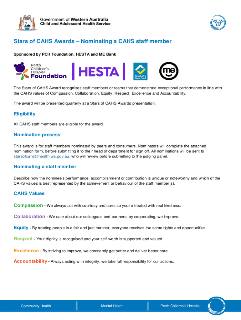 Fillable Online The Stars of CAHS Awards recognise staff members or ...