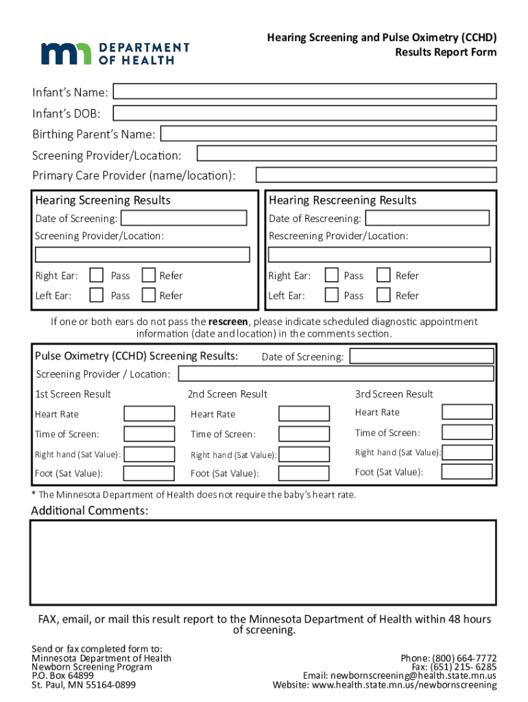 Fillable Online Hearing Screening and Pulse Oximetry (CCHD) Results ...