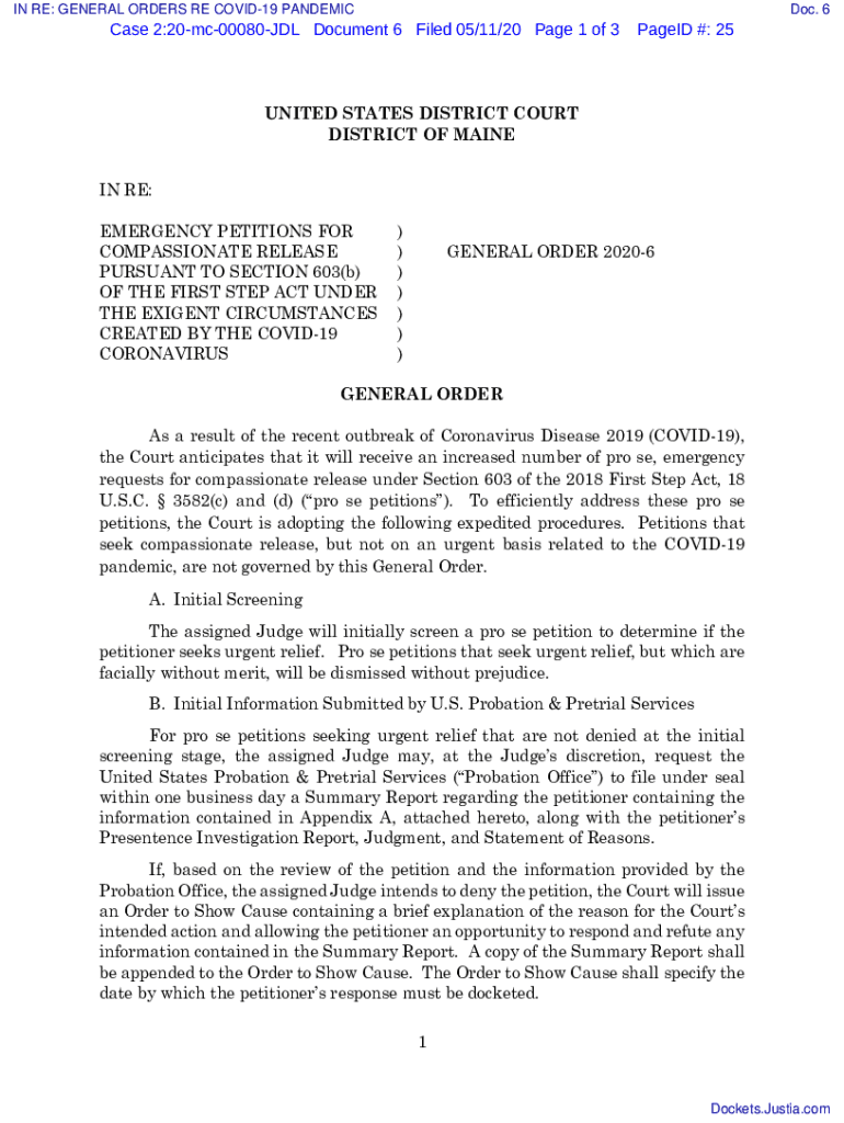 Fillable Online ORDER RE EMERGENCY PETITIONS FOR COMPASSIONATE RELEASE ...