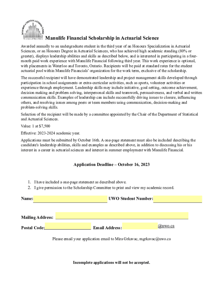 Fillable Online Awards & Scholarships - Program of Actuarial and Risk ...