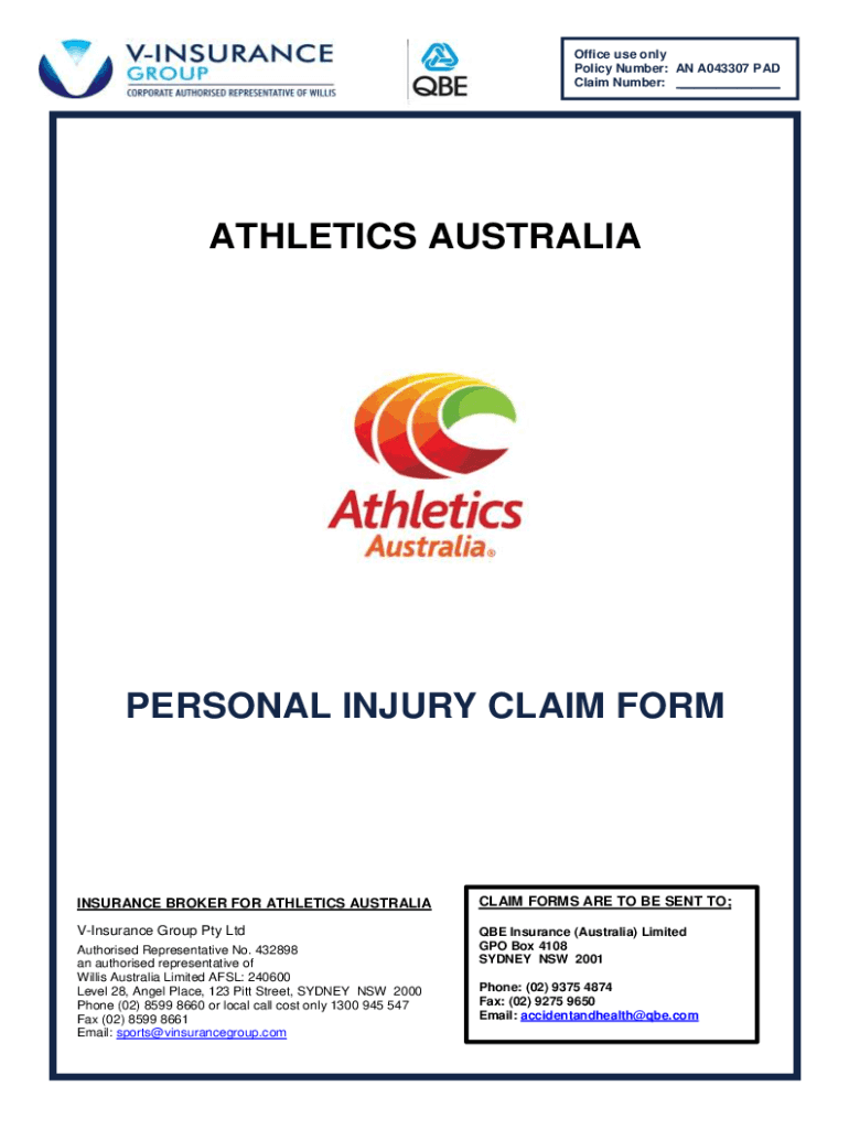 Fillable Online ATHLETICS AUSTRALIA PERSONAL INJURY CLAIM FORM Fax ...