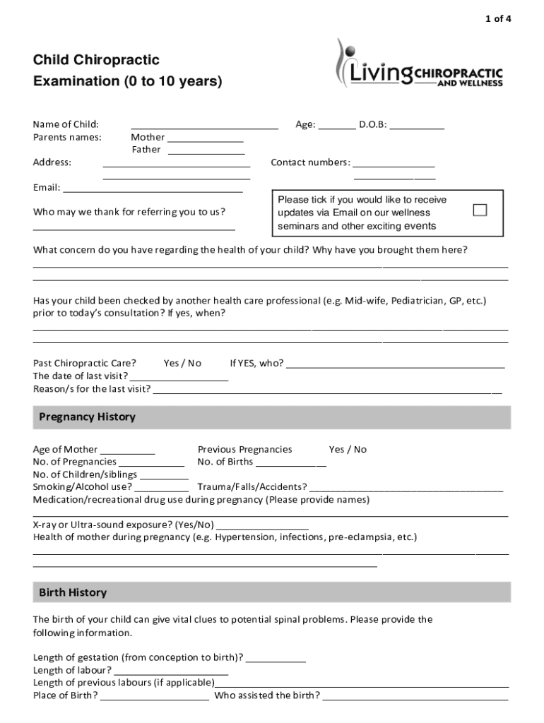 Fillable Online Child Chiropractic Examination (0 to 10 years) Fax ...