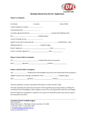 Fillable Online Multiple Match Day Permit- Application Player to ...