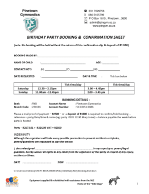 Fillable Online BIRTHDAY PARTY BOOKING & CONFIRMATION SHEET Fax Email ...