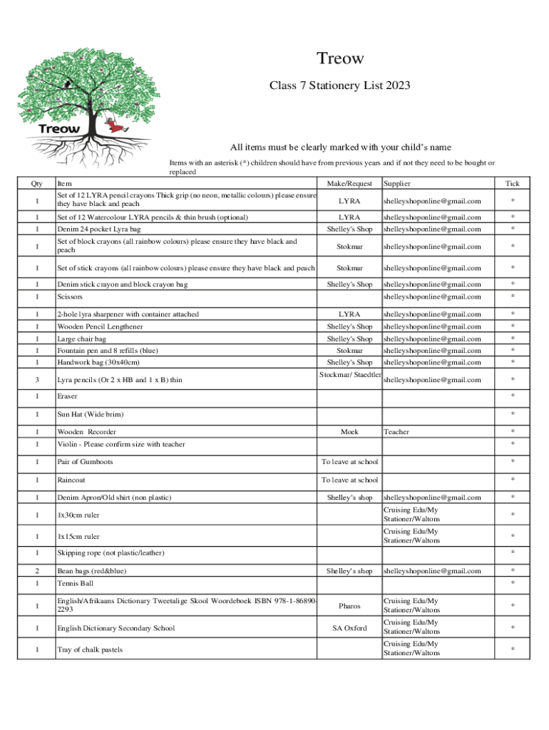 Fillable Online Stationery List 20232024 School Year Grade: 1 Items ...