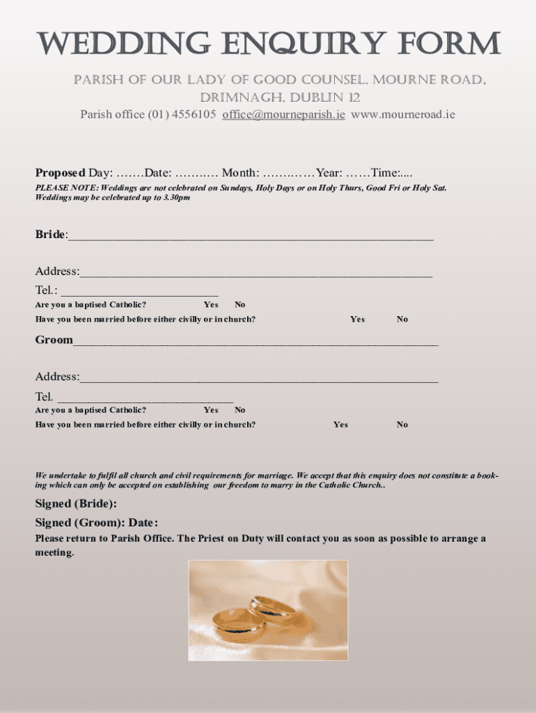 Fillable Online Wedding ENQUIRY form - Our Lady of Good Counsel Fax ...
