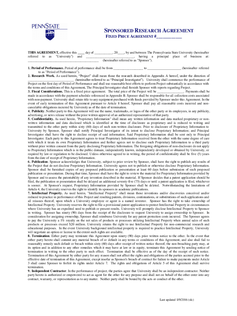 Fillable Online Fixed Price Sponsored Research Agreement Template Fax ...