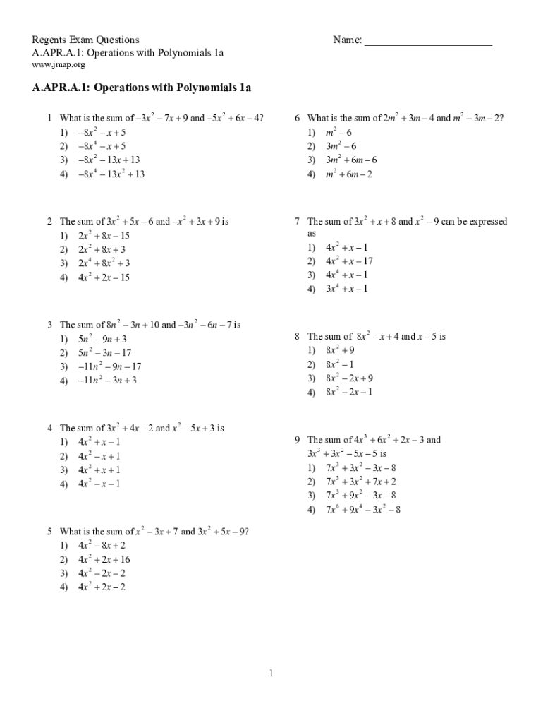 Fillable Online A.APR.A.1: Operations with Polynomials 1a Fax Email Print - pdfFiller