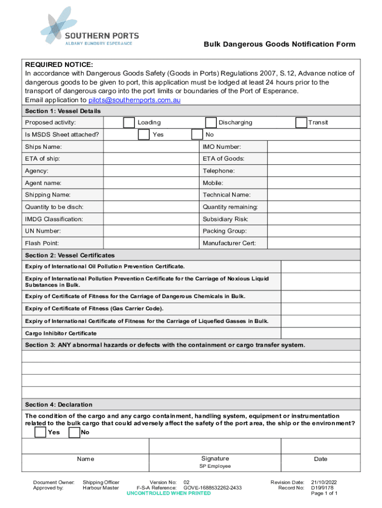 Fillable Online Bulk Dangerous Goods Notification Form Fax Email Print ...