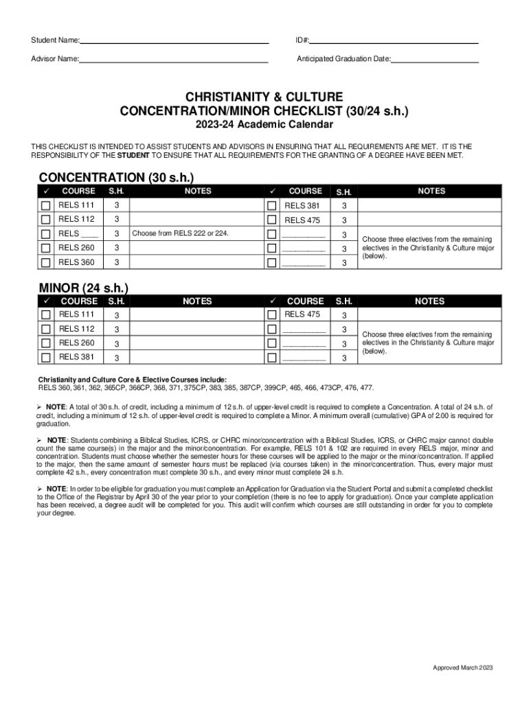Fillable Online CHRISTIANITY AND CULTURE MAJOR CHECKLIST (122 ... Fax ...