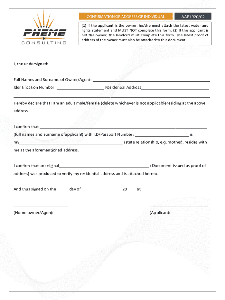 Fillable Online AAF1920-02 Confirmation of Address of individual Fax ...