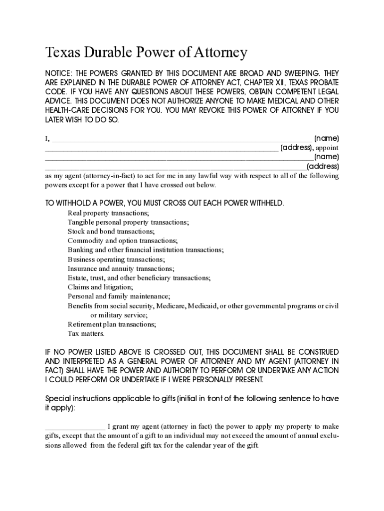 Fillable Online Texas Durable Power of Attorney Fax Email Print - pdfFiller Fillable Online Texas Durable Power of Attorney Fax Email Print - pdfFiller