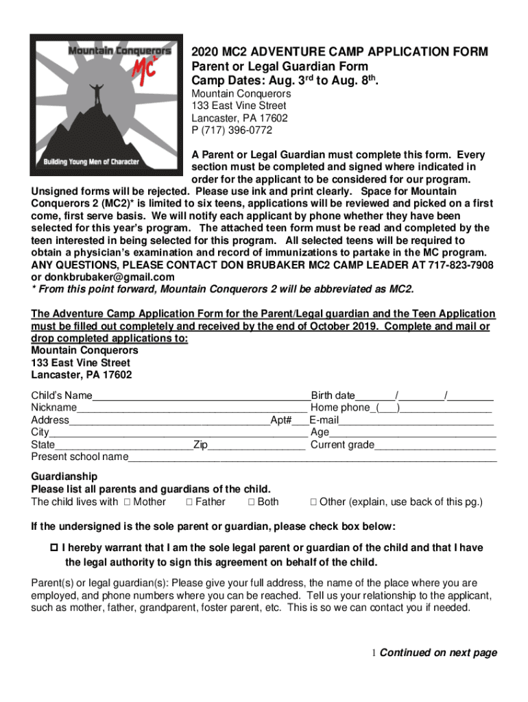 Fillable Online ADVENTURE CAMP APPLICATION FORM2010 Fax Email Print ...