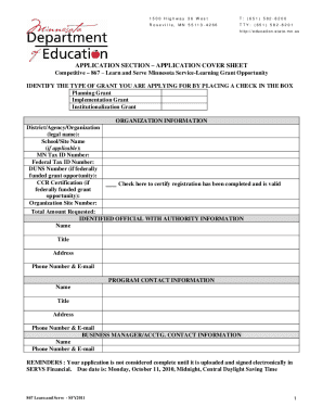 Fillable Online education state mn APPLICATION COVER SHEET - MDE Fax ...