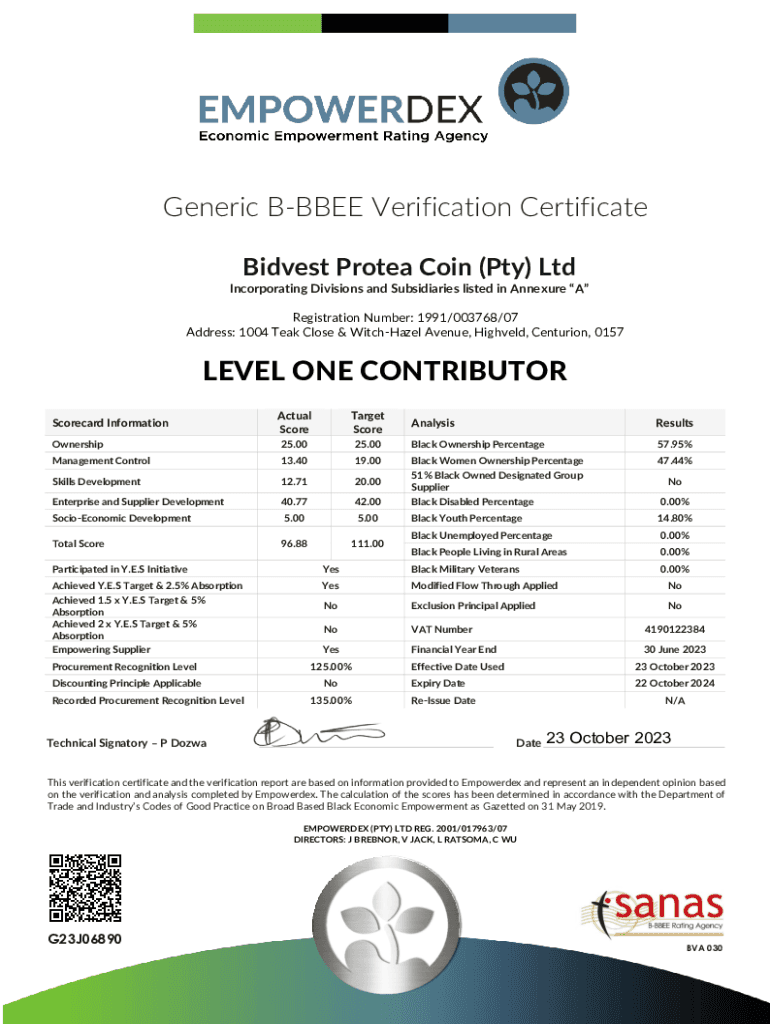 Fillable Online Generic B-BBEE Verification Certificate LEVEL ONE ...