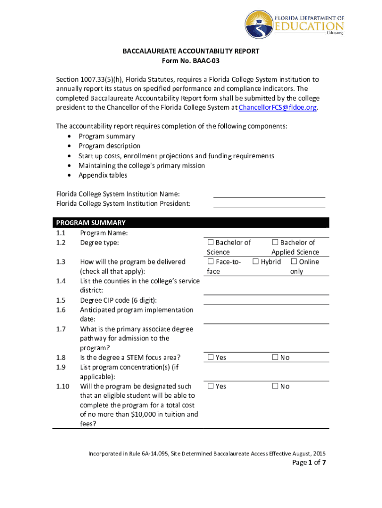 Fillable Online of 7 BACCALAUREATE ACCOUNTABILITY REPORT Form ... Fax Email Print - pdfFiller