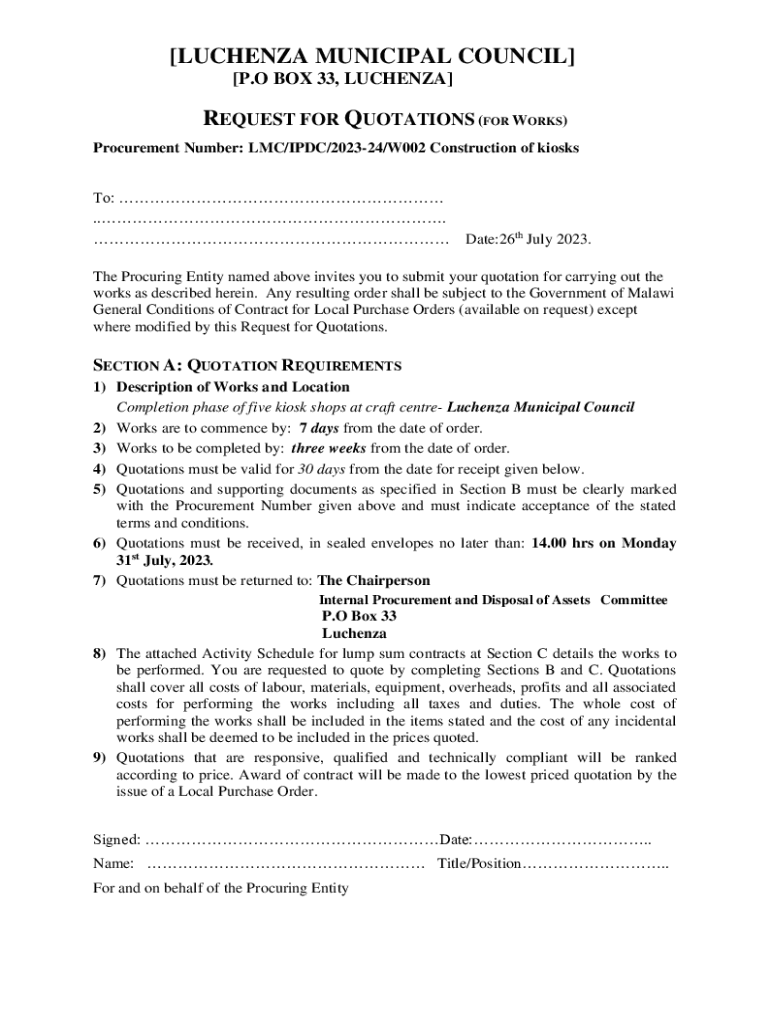Fillable Online invitation for quotations luchenza municipal council ...